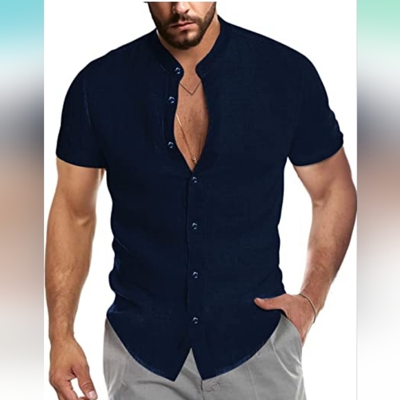 Coofandy | Shirts | Coofandy Mens Casual Linen Shirt Band Collar Short Sleeve Button Down Shirt ...
